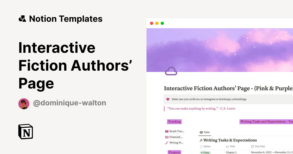 Interactive Fiction Authors’ Page Template by Dominique Walton | Notion ...