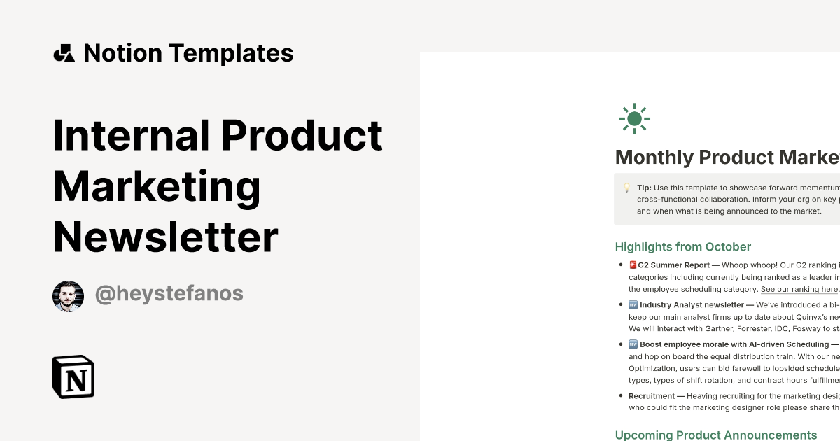 Internal Product Marketing Newsletter Template | Notion Marketplace