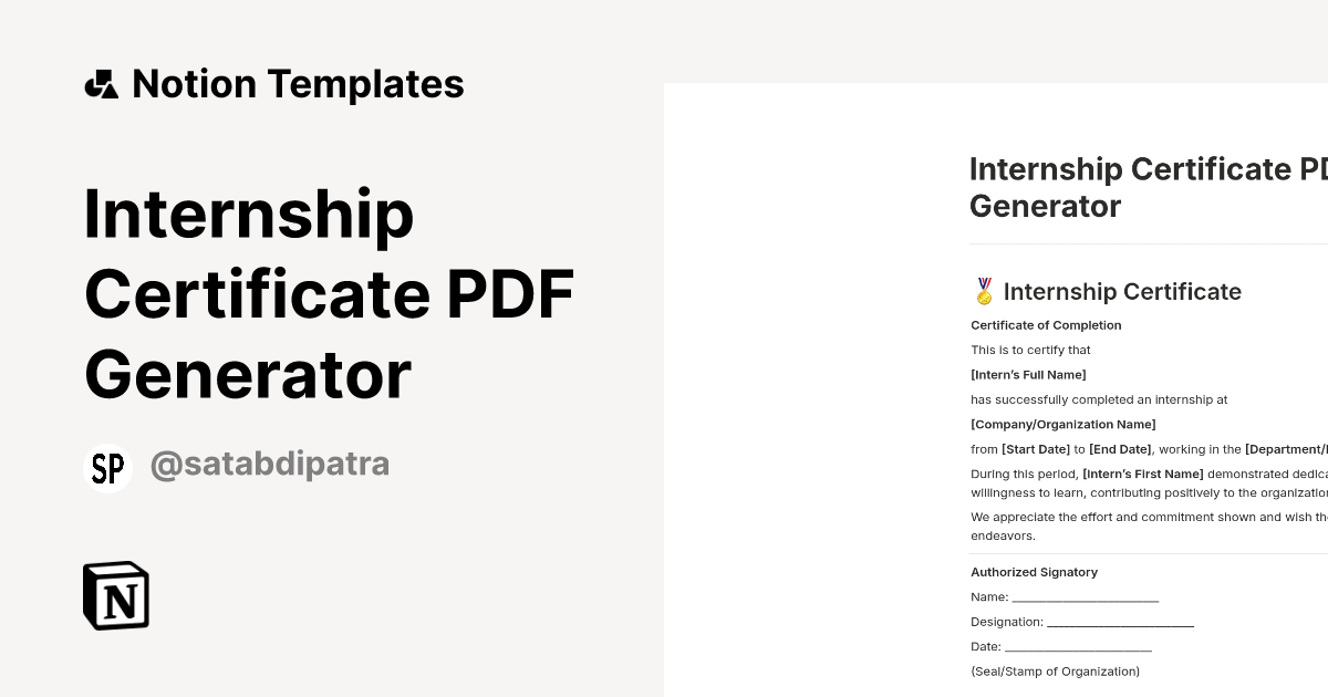 Internship Certificate PDF Generator Template by Satabdi Patra | Notion Marketplace