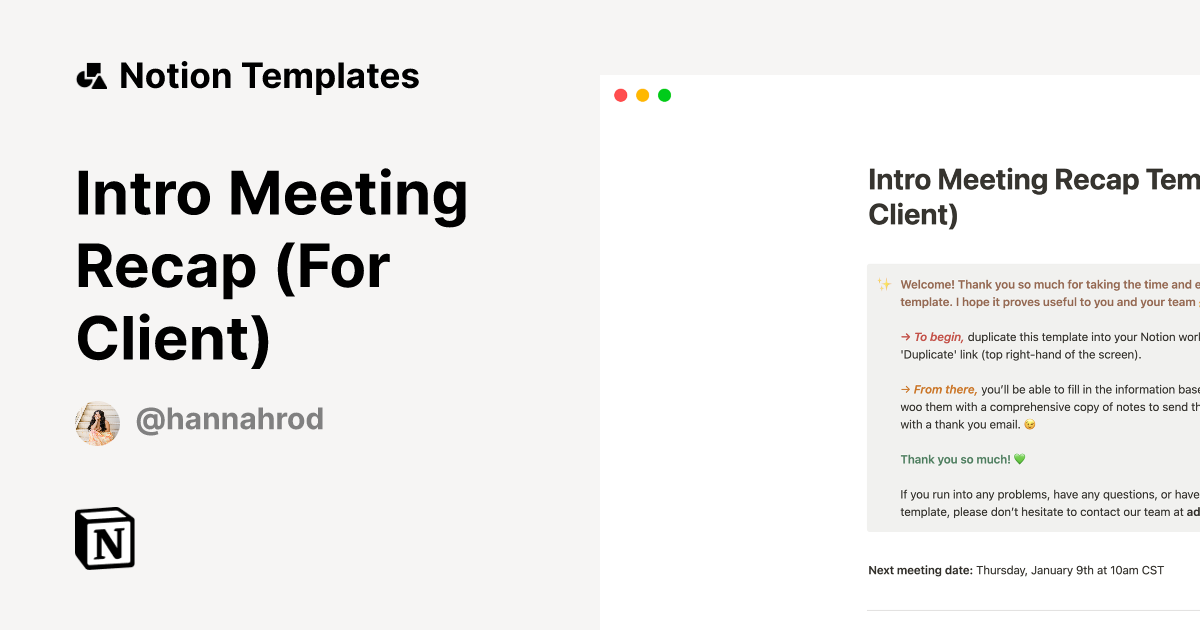 Intro Meeting Recap (For Client) Template | Notion Marketplace