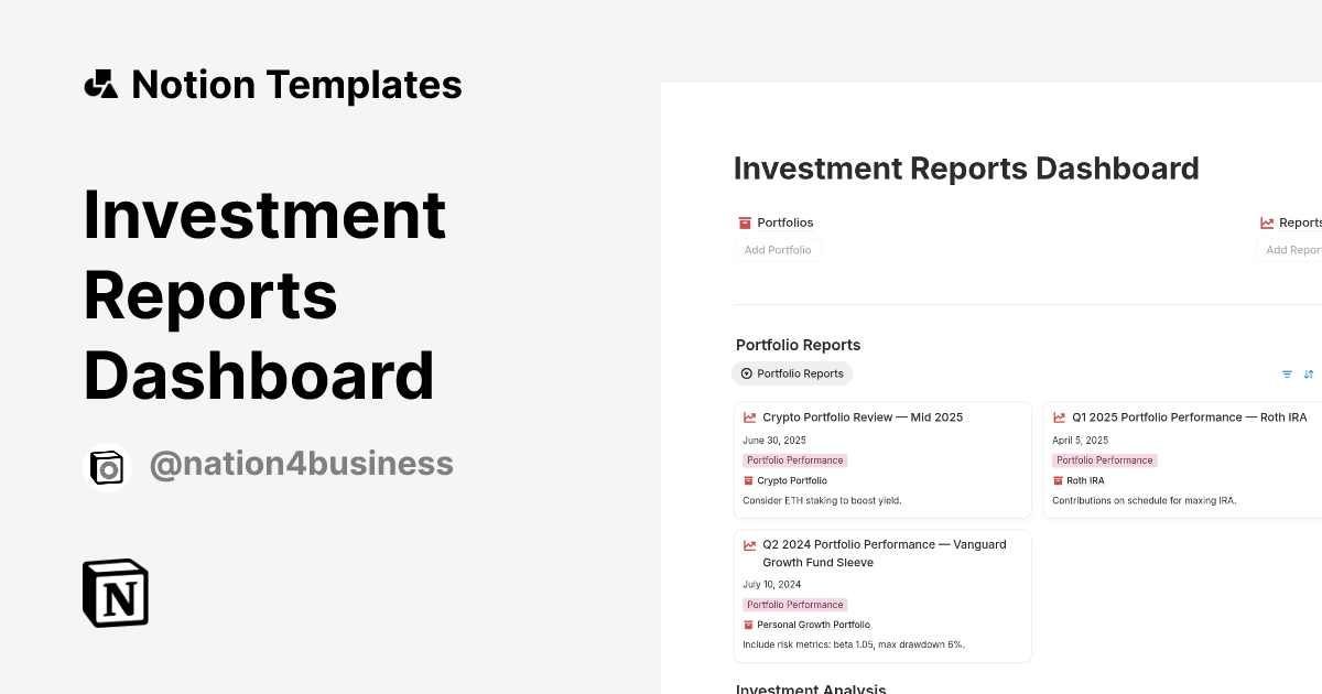 Investment Reports Dashboard Template by Nation4Business | Notion ...