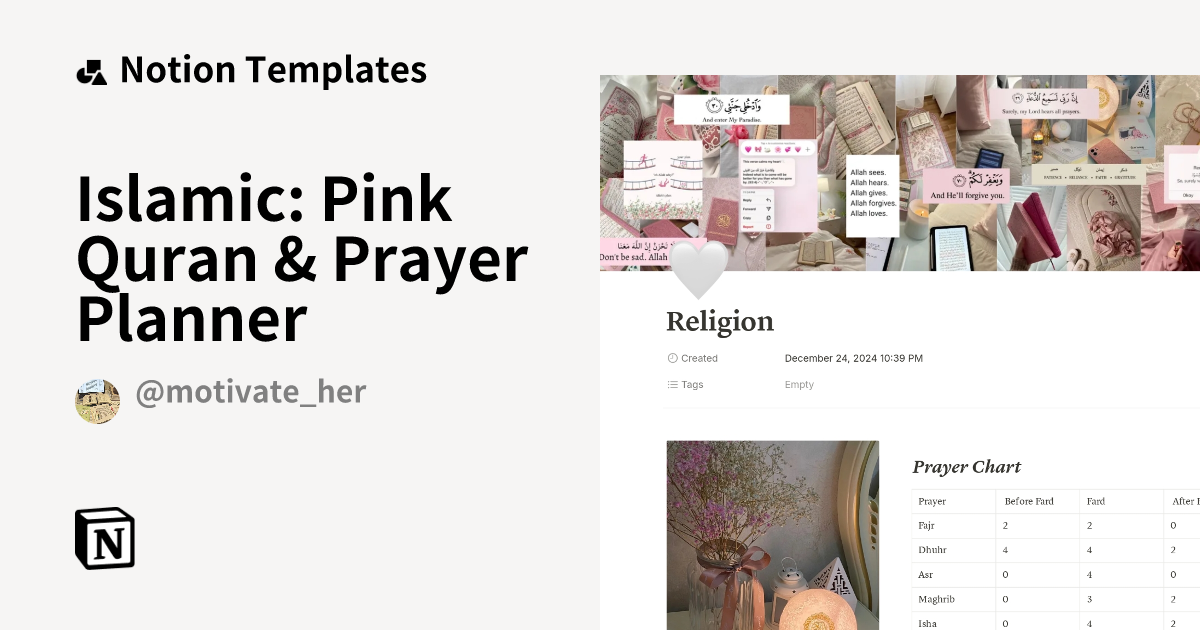 Islamic: Pink Quran & Prayer Planner Template | Notion Marketplace