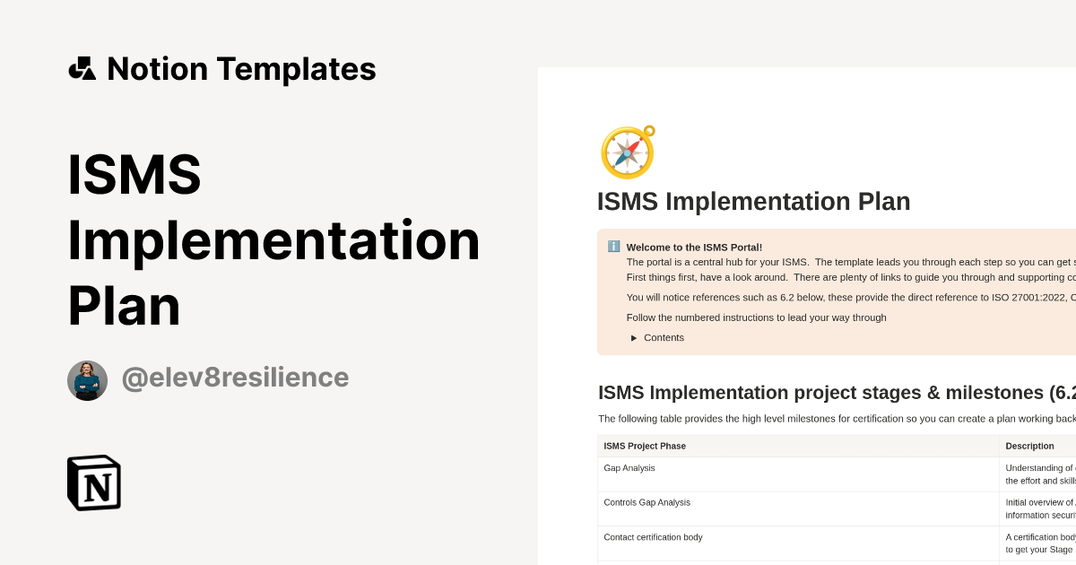 ISMS Implementation Plan Template by Elev8 Resilience | Notion Marketplace