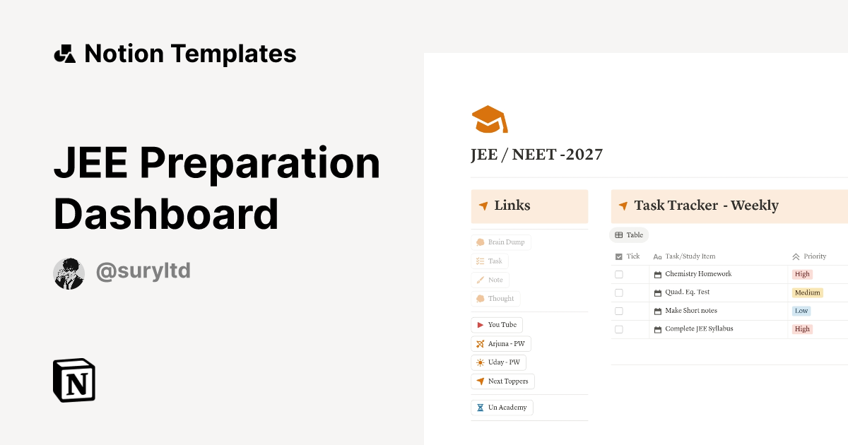 JEE Preparation Dashboard Template | Notion Marketplace