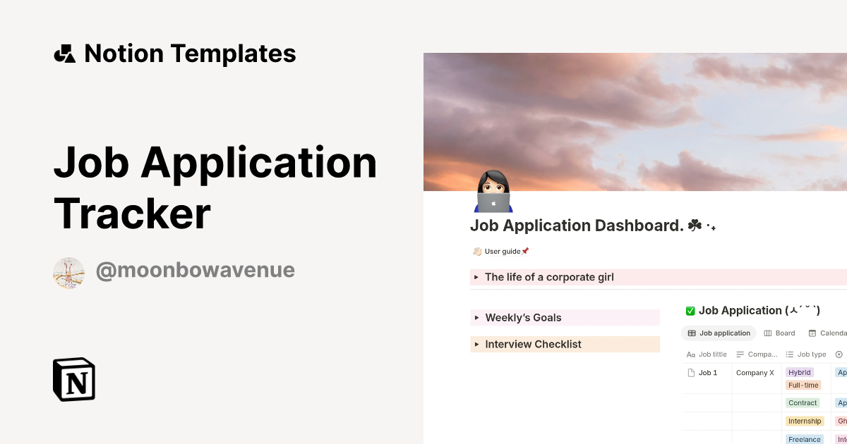 Job Application Tracker Template by Moonbow Avenue | Notion Marketplace