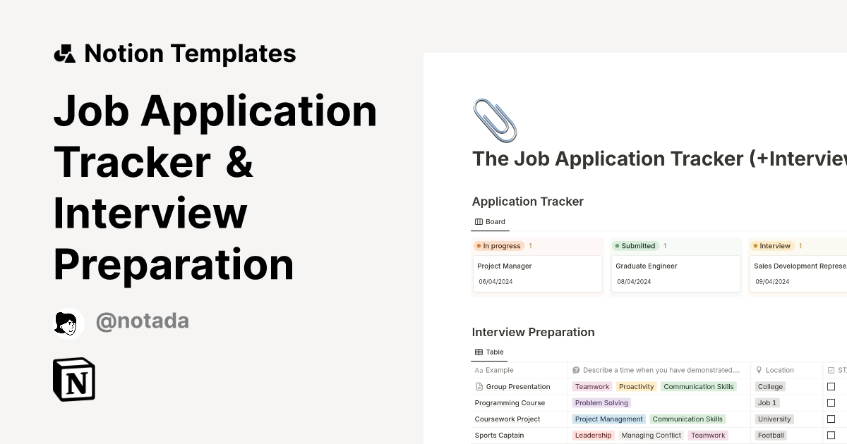 Job Application Tracker & Interview Preparation Template by Naomi | Notada | Notion Marketplace