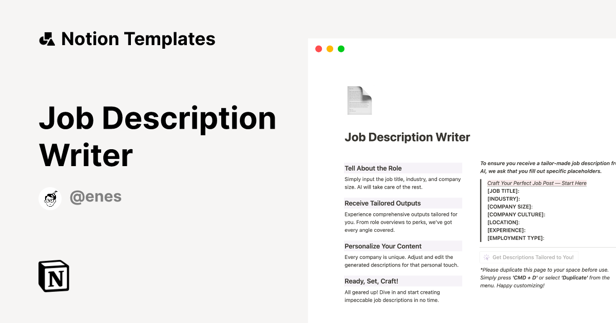 Job Description Writer Template by Enes | Notion Marketplace