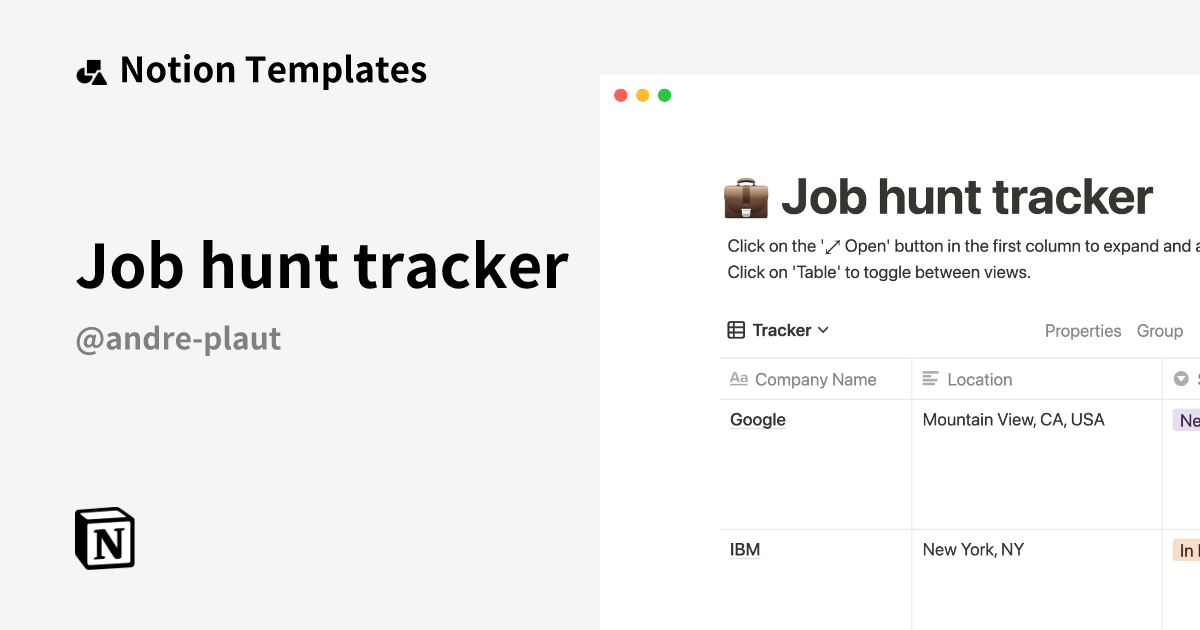 Job hunt tracker Template by Andre Plaut | Notion Marketplace