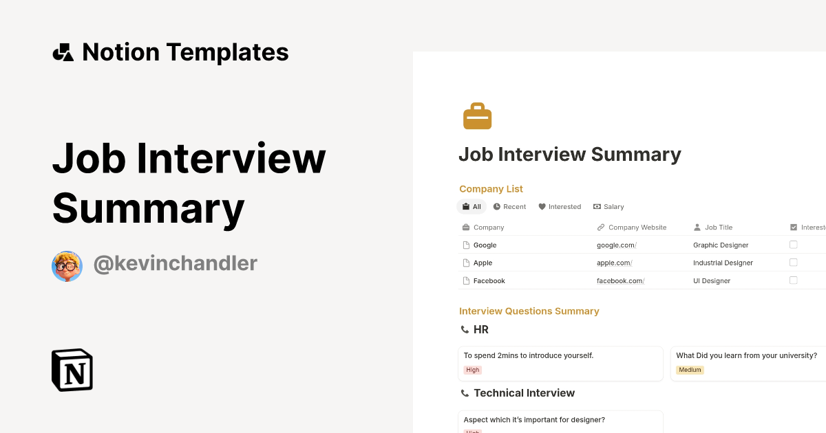 Job Interview Summary Template by Kevin Chandler | Notion Marketplace