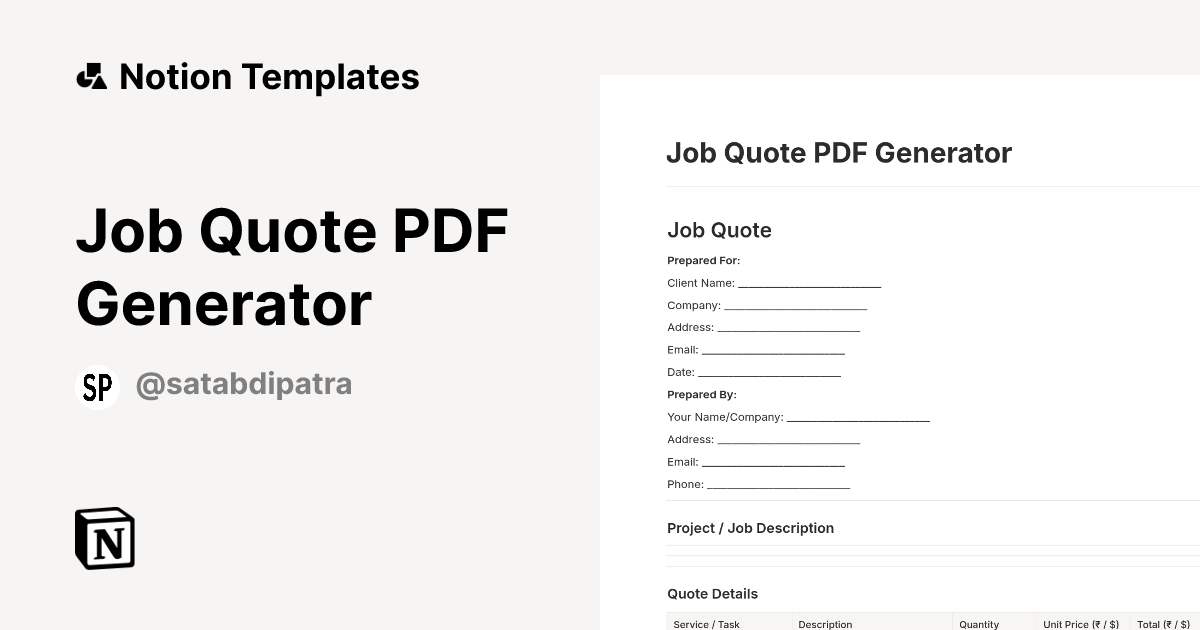 Job Quote PDF Generator Template | Notion Marketplace