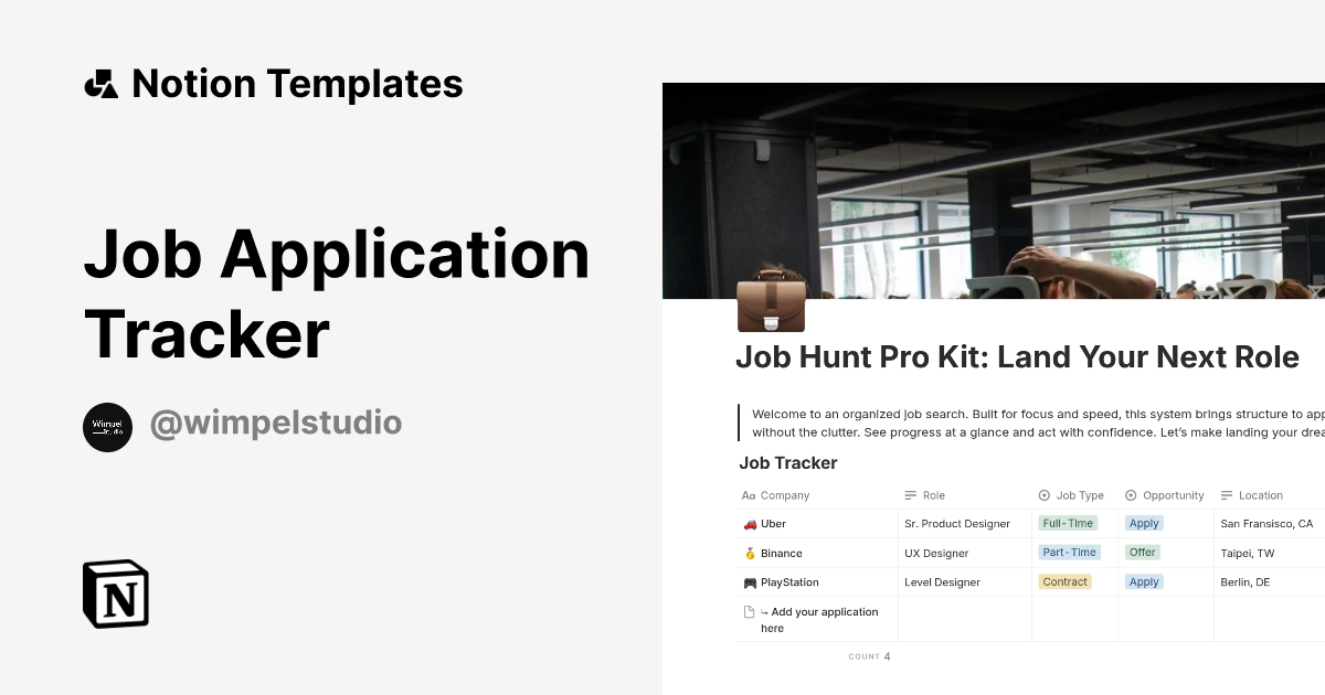 Job Application Tracker Template by Wimpel Studio | Notion Marketplace