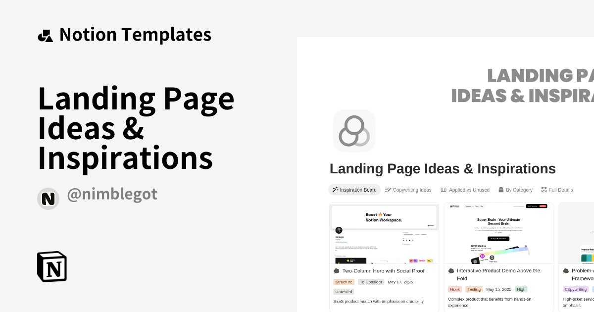 Landing Page Ideas & Inspirations Template | Notion Marketplace