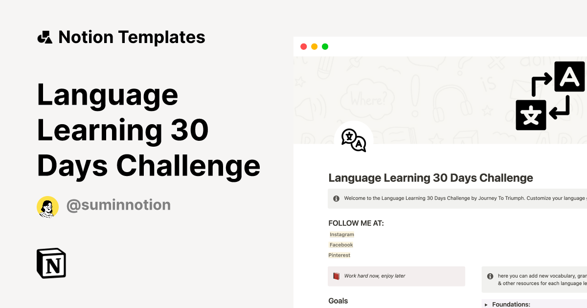 Language Learning 30 Days Challenge Template by Sumin | Notion Marketplace