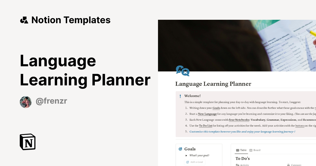Language Learning Planner Template by Frenz Repunte | Notion Marketplace
