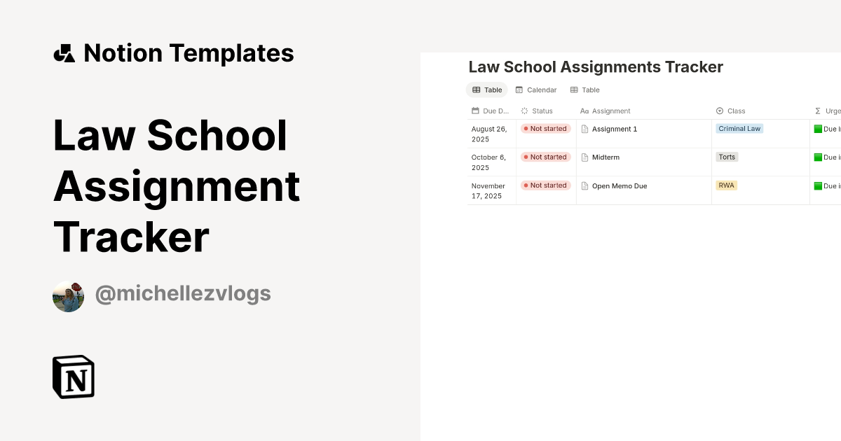 Law School Assignment Tracker Template | Notion Marketplace