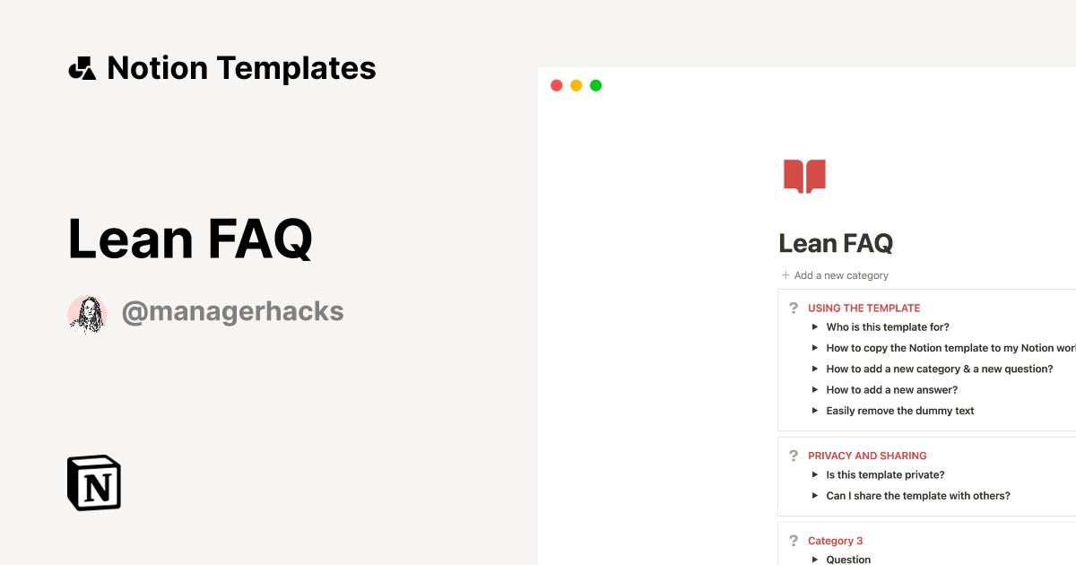 Lean FAQ Template by Mona | ManagerHacks | Notion Marketplace