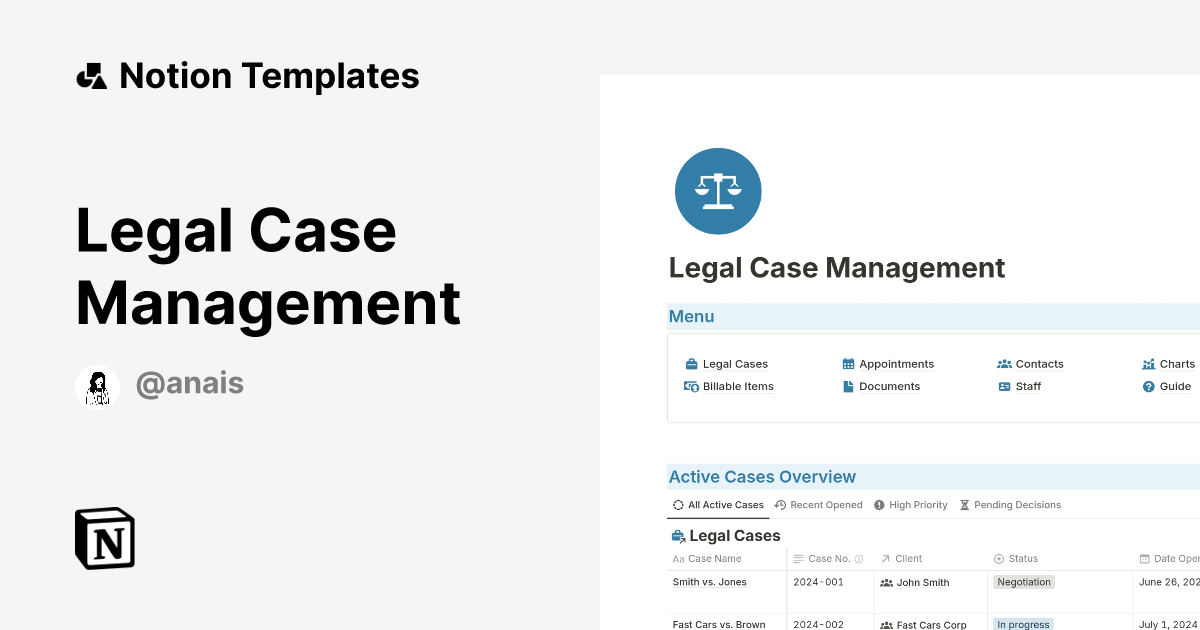 Legal Case Management Template by Anaïs | Notion Marketplace