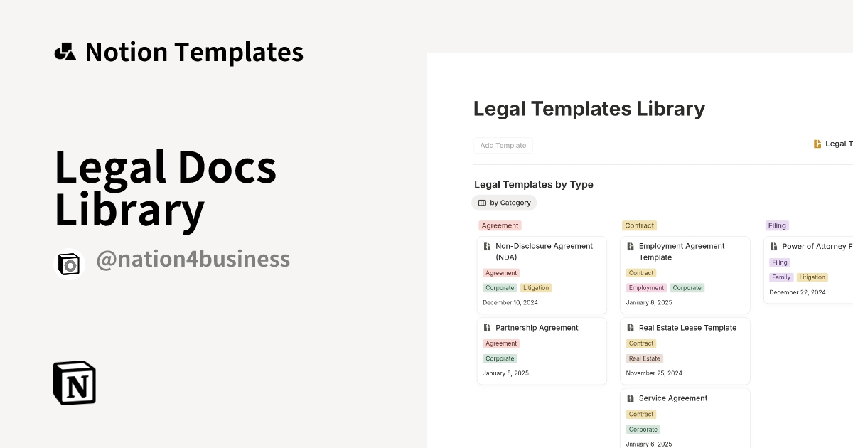 Legal Docs Library Template by Nation4Business | Notion Marketplace