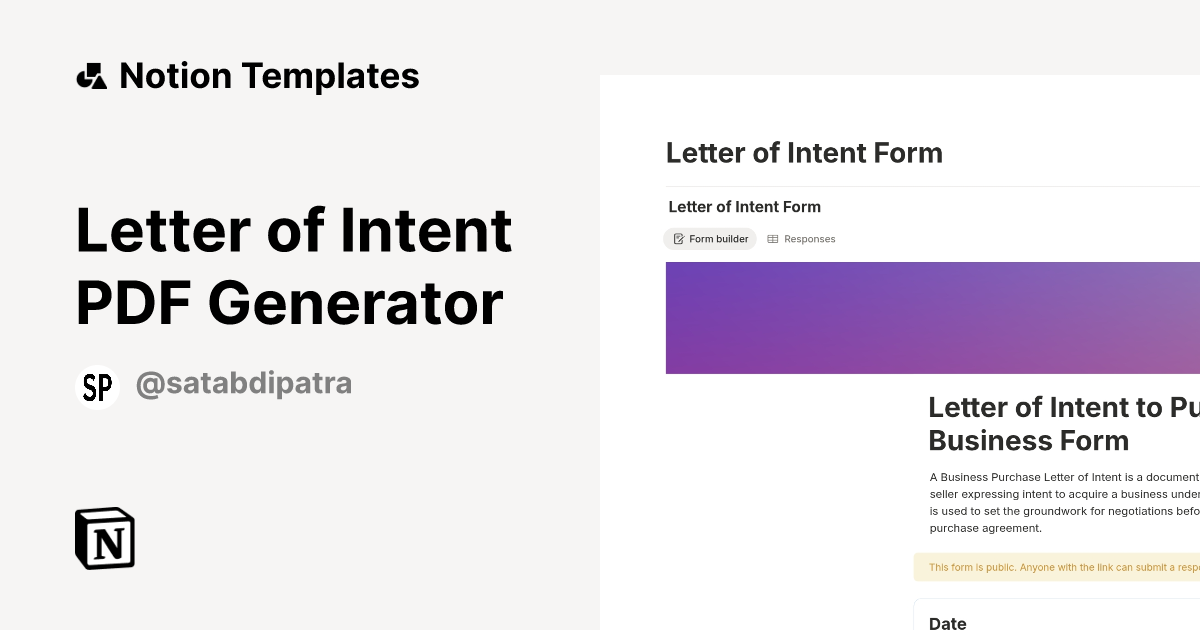 Letter of Intent PDF Generator Template | Notion Marketplace
