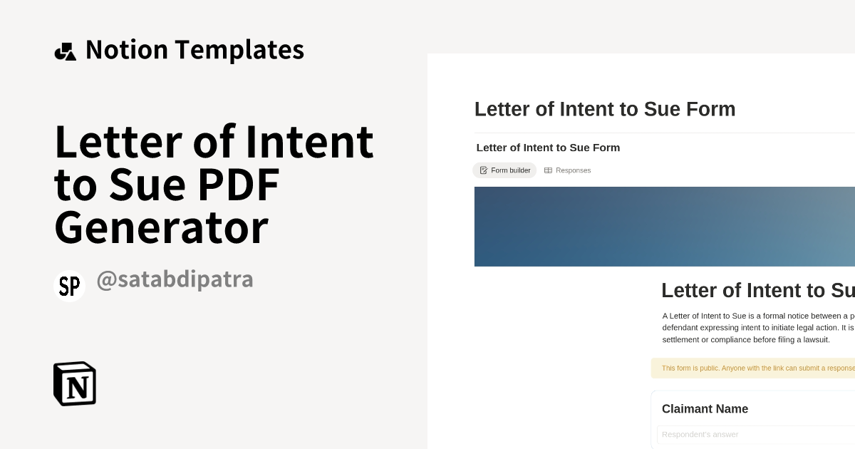 Letter of Intent to Sue PDF Generator Template | Notion Marketplace
