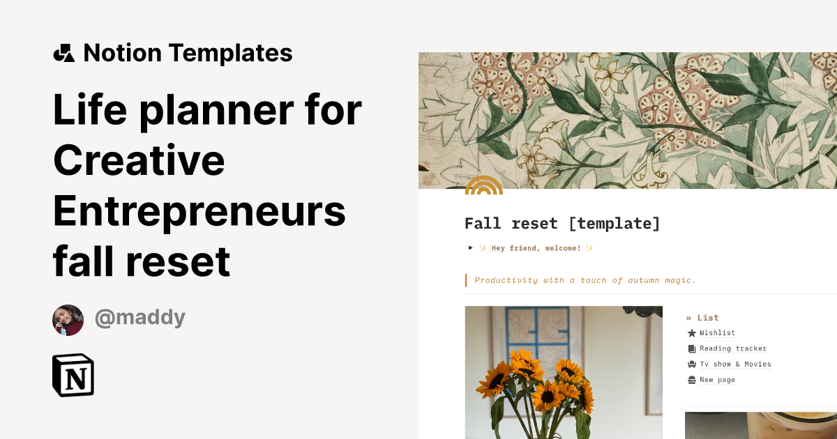 Life planner for Creative Entrepreneurs fall reset Template | Notion ...