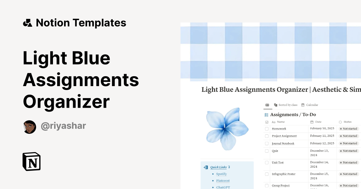 Light Blue Assignments Organizer Template by RiyaArranged | Notion ...