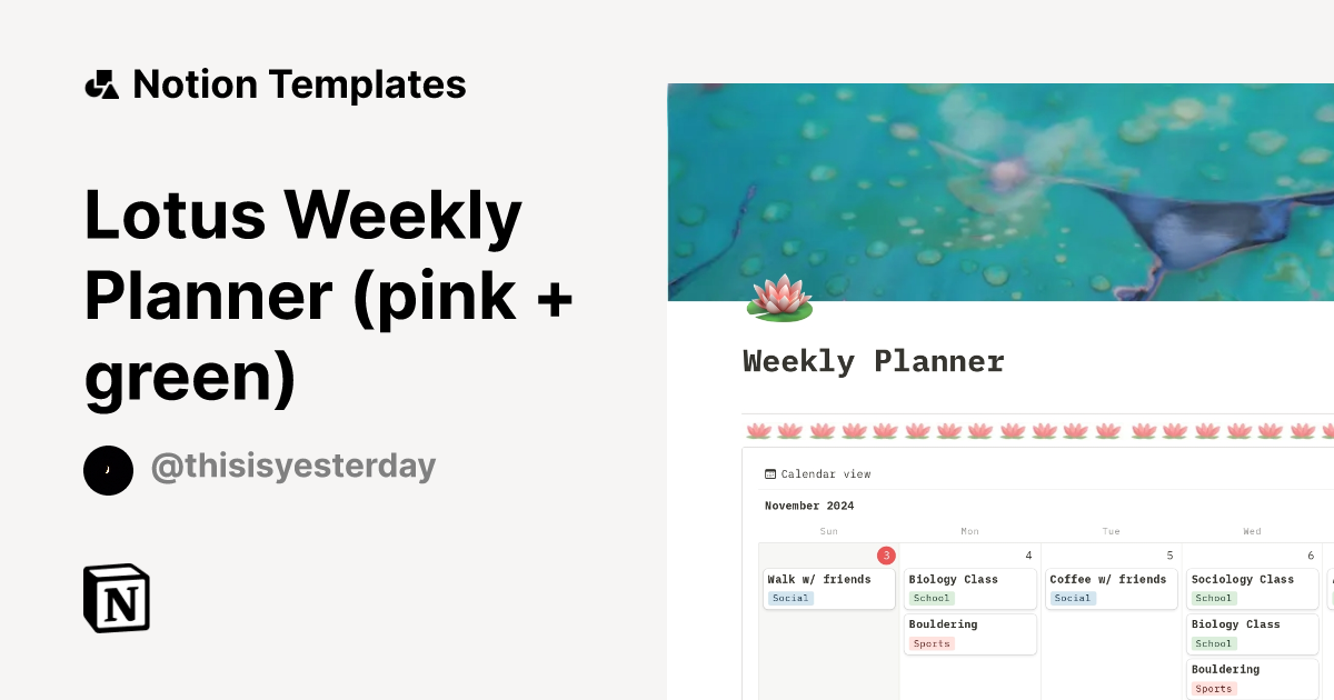 Lotus Weekly Planner (pink + green) Template | Notion Marketplace