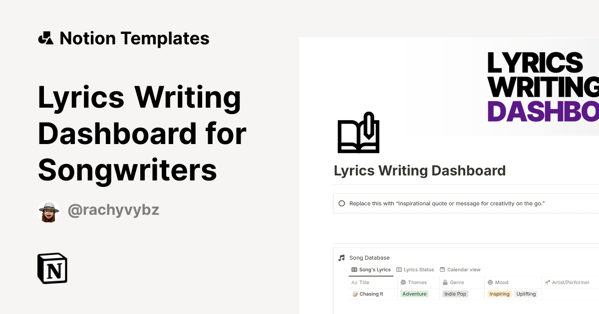 Lyrics Writing Dashboard for Songwriters Template | Notion Marketplace