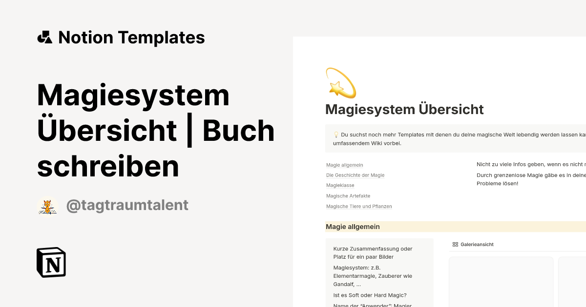 Magiesystem Übersicht | Buch schreiben Template | Notion Marketplace