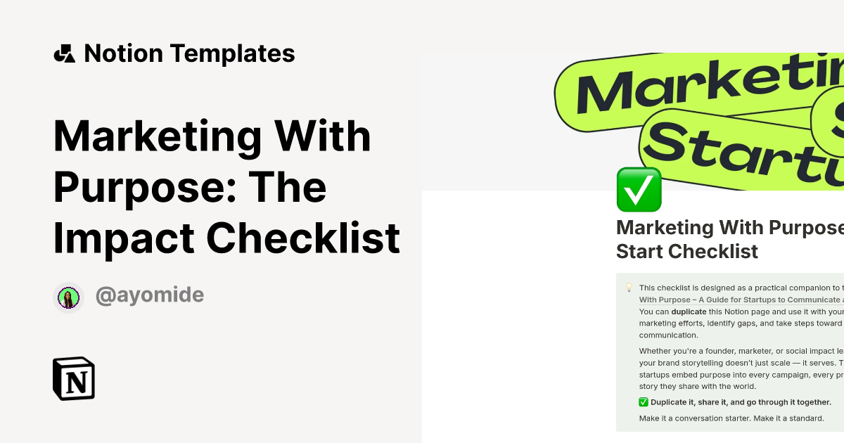 Marketing With Purpose: The Impact Checklist Template | Notion Marketplace