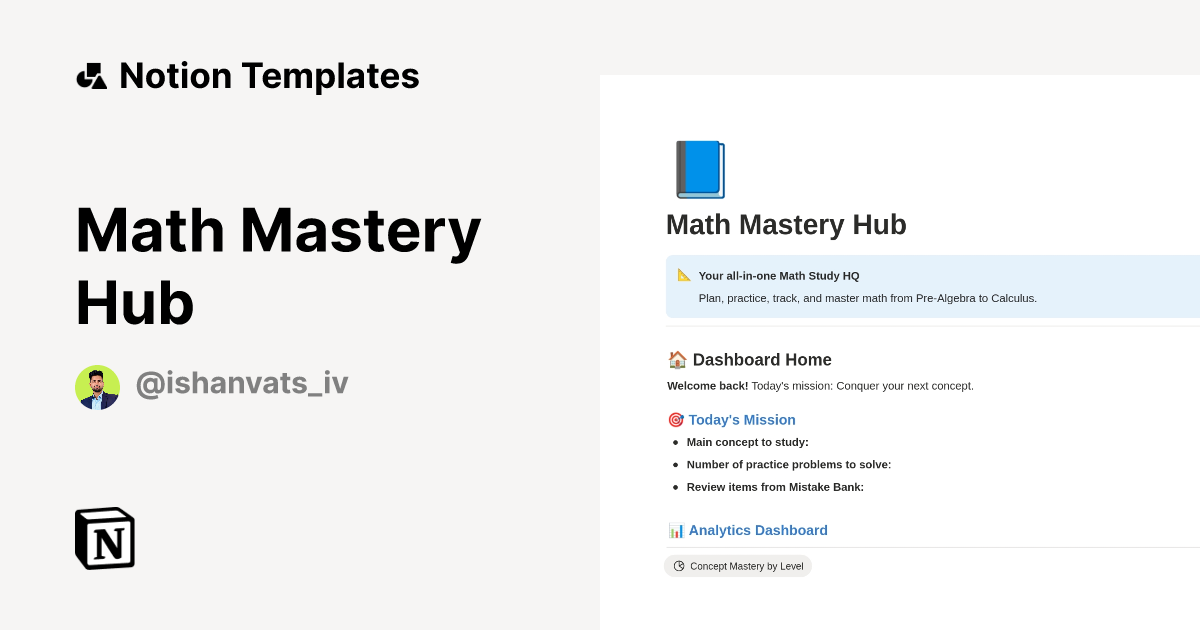 Math Mastery Hub Template by Ishan Vats | Notion Marketplace