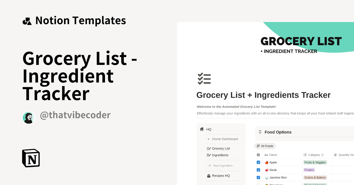 Grocery List - Ingredient Tracker Template by That Vibe Coder | Notion ...