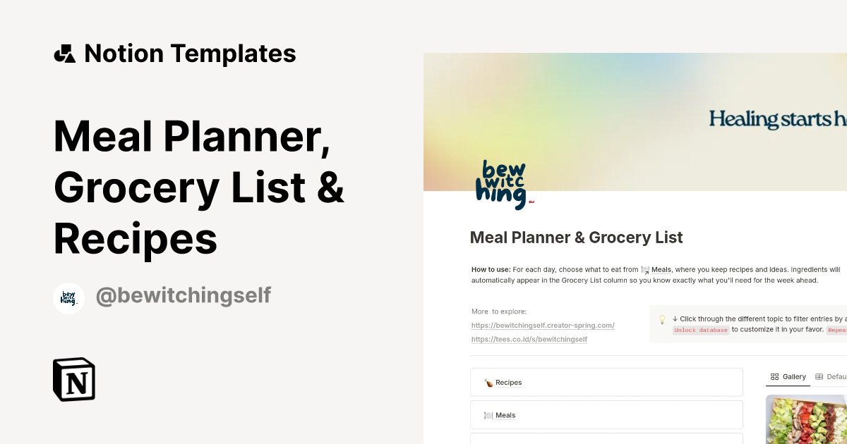 Meal Planner, Grocery List & Recipes Template by bewitchingself ...