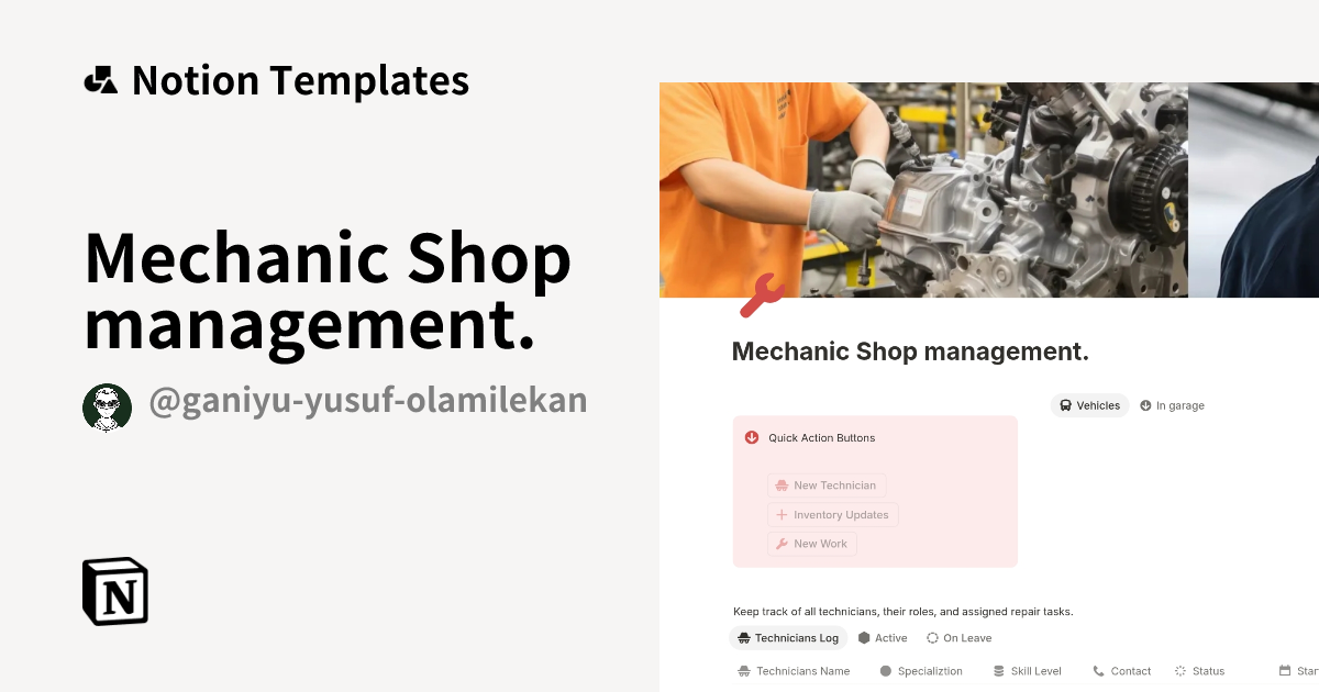 Mechanic Shop management. Template by Notionallity | Notion Marketplace