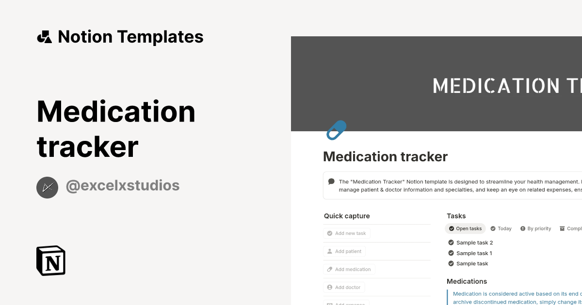 Medication tracker Template by Excel Studios | Notion Marketplace