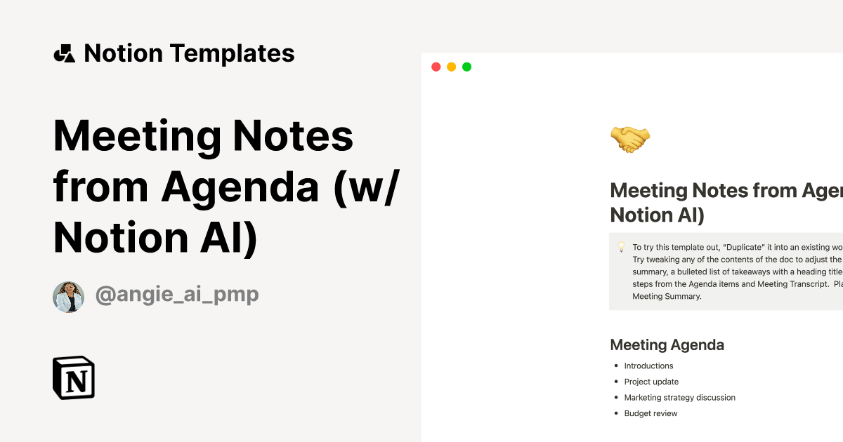 Meeting Notes from Agenda (w/ Notion AI) Template by Angela, PMP, CSM ...