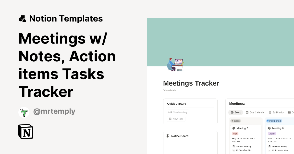 Meetings w/ Notes, Action items Tasks Tracker Template | Notion Marketplace