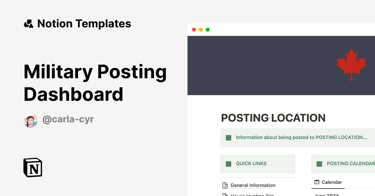 Military Posting Dashboard Template by Carla Cyr | Notion Marketplace