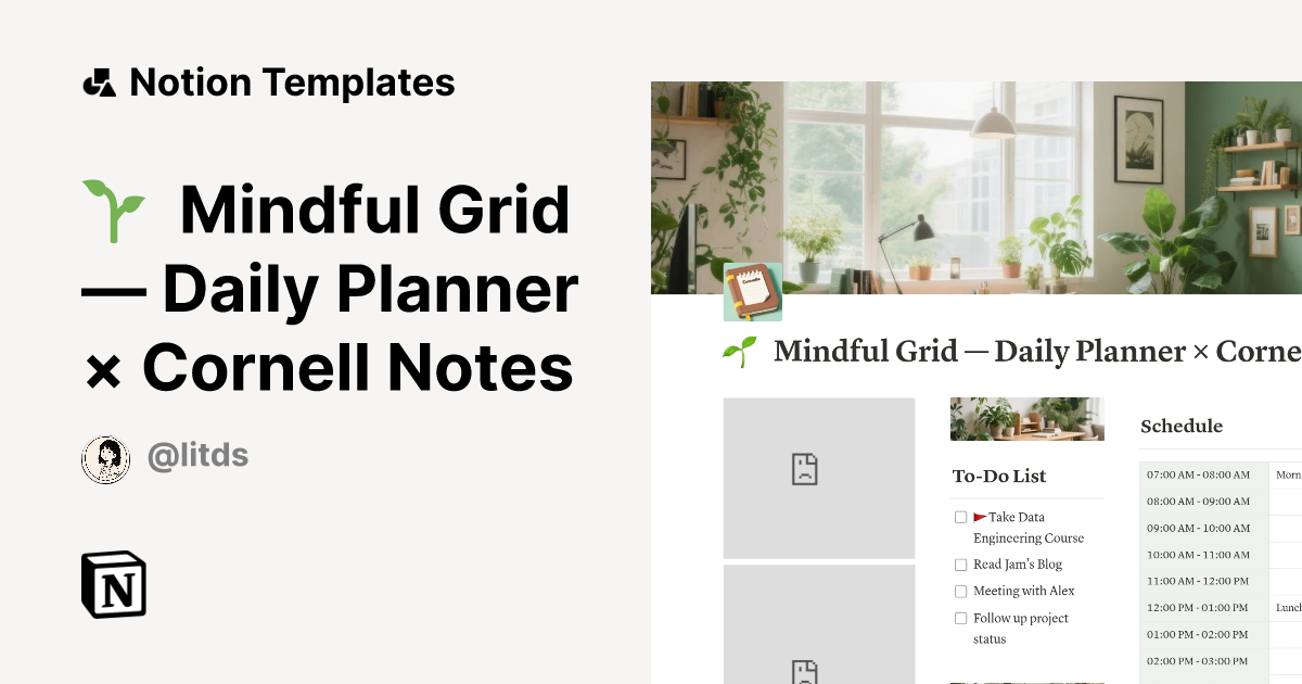 🌱 Mindful Grid — Daily Planner × Cornell Notes Template | Notion ...