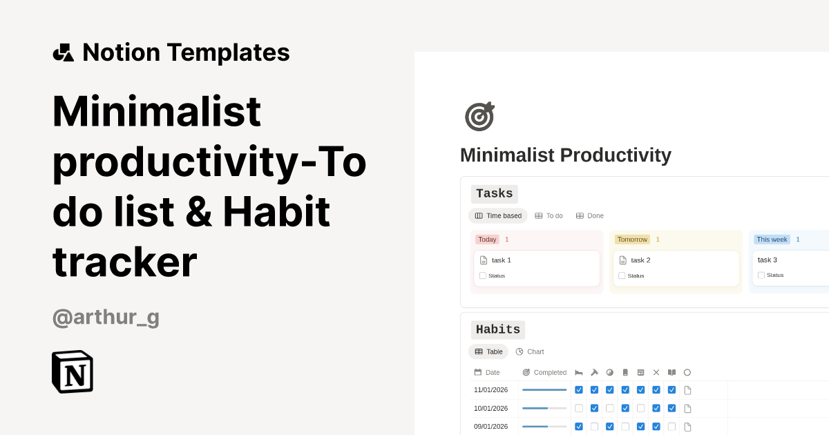 Minimalist productivity-To do list & Habit tracker Template | Notion ...