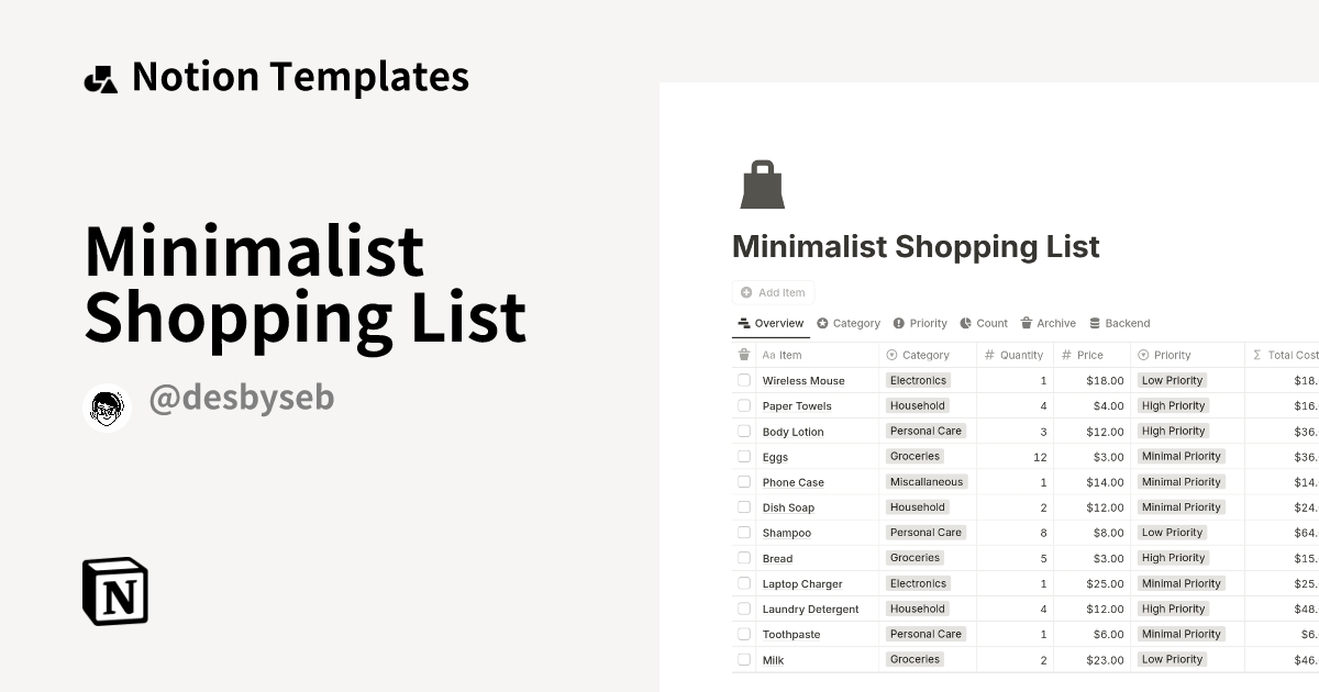Minimalist Shopping List Template by desbyseb | Notion Marketplace