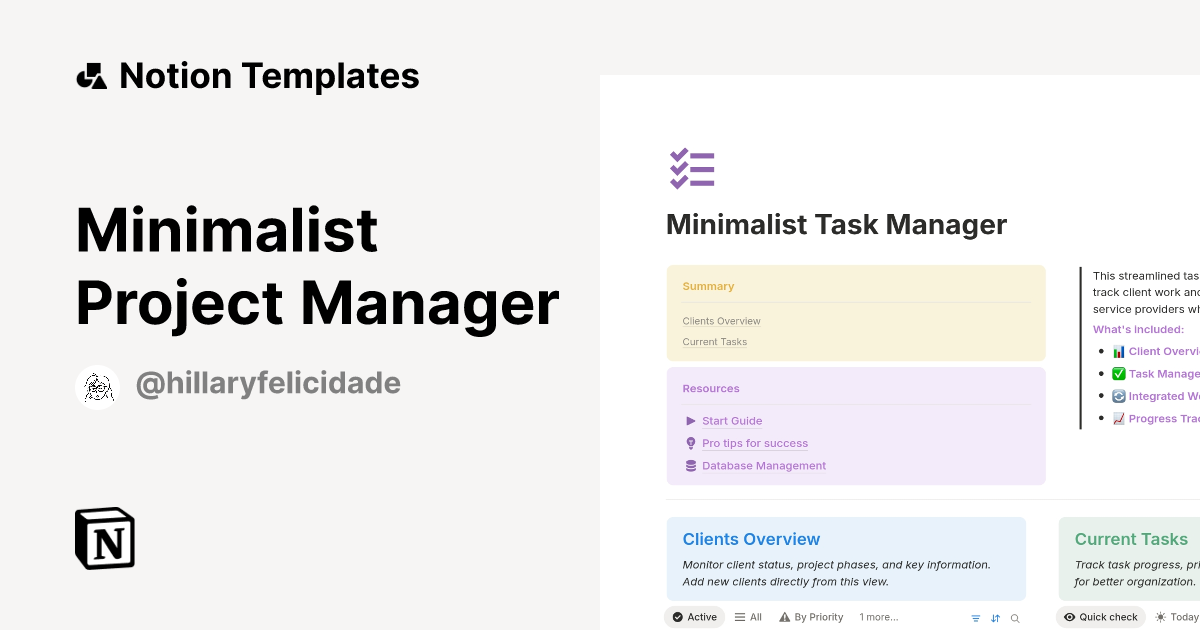 Minimalist Project Manager Template by Hillary Felicidade | Notion Marketplace