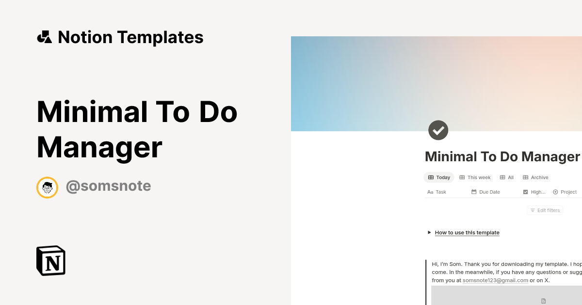 Minimal To Do Manager Template by Som | Notion Marketplace