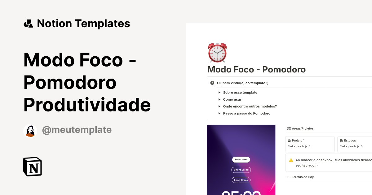 Modo Foco - Pomodoro Produtividade Template by Meu Notion | Notion ...