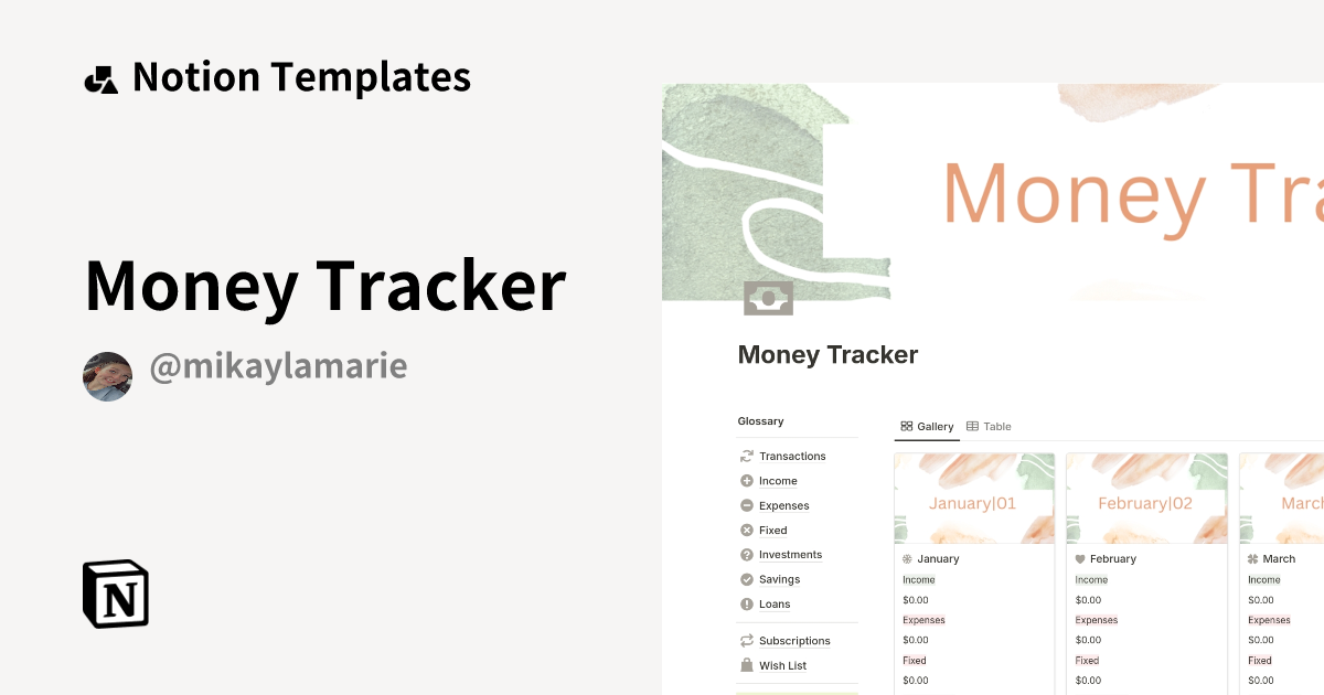 Money Tracker Template by Mikayla Seibert | Notion Marketplace