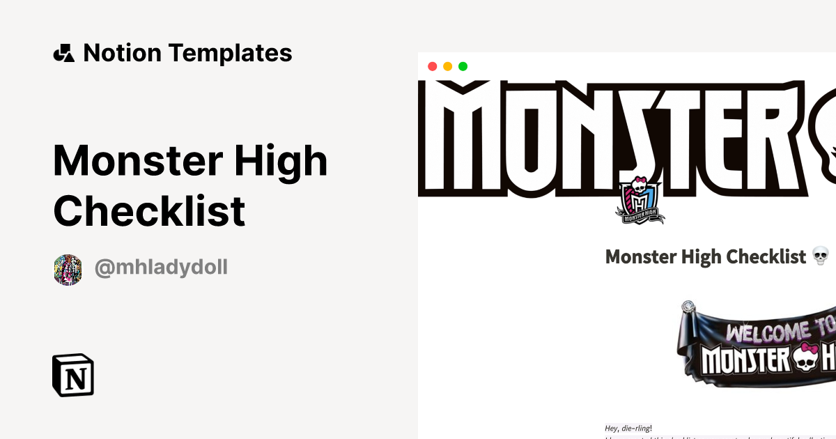 Monster High Checklist Template | Notion Marketplace