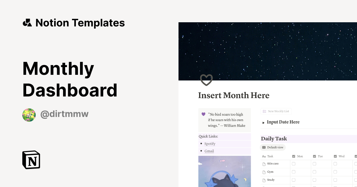 Monthly Dashboard Template by Dirtmmw | Notion Marketplace