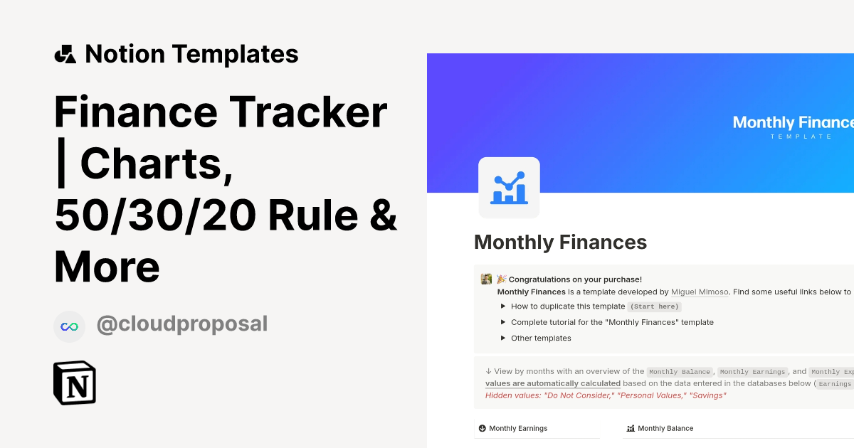 Finance Tracker | Charts, 50/30/20 Rule & More Template by Cloud Proposal | Notion Marketplace