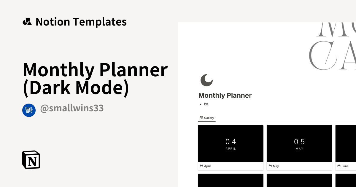 Monthly Planner (Dark Mode) Template by Small Wins 小勝利 | Notion Marketplace