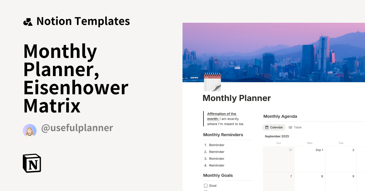 Monthly Planner, Eisenhower Matrix Template by UsefulPlanner | Notion ...